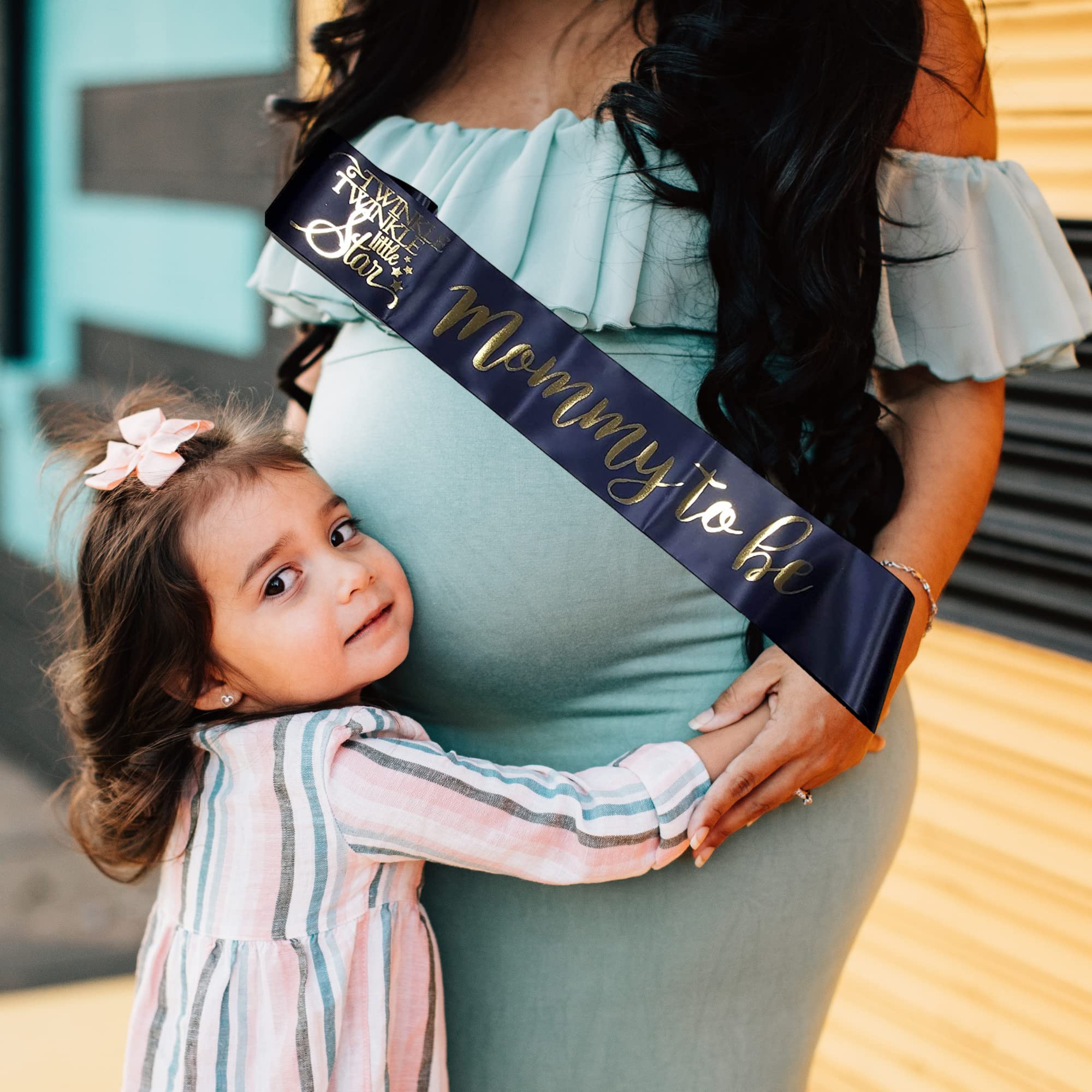 Amy's Bubbling Boutique, Inc. Twinkle Little Star Baby Shower Mommy Banner Sash & Daddy to Be Pin Navy & Gold Gift Set