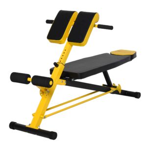 soozier adjustable hyper extension dumbbell weight bench, foam leg holders, exercise abs, arms, core, strength workout station for home gym, yellow