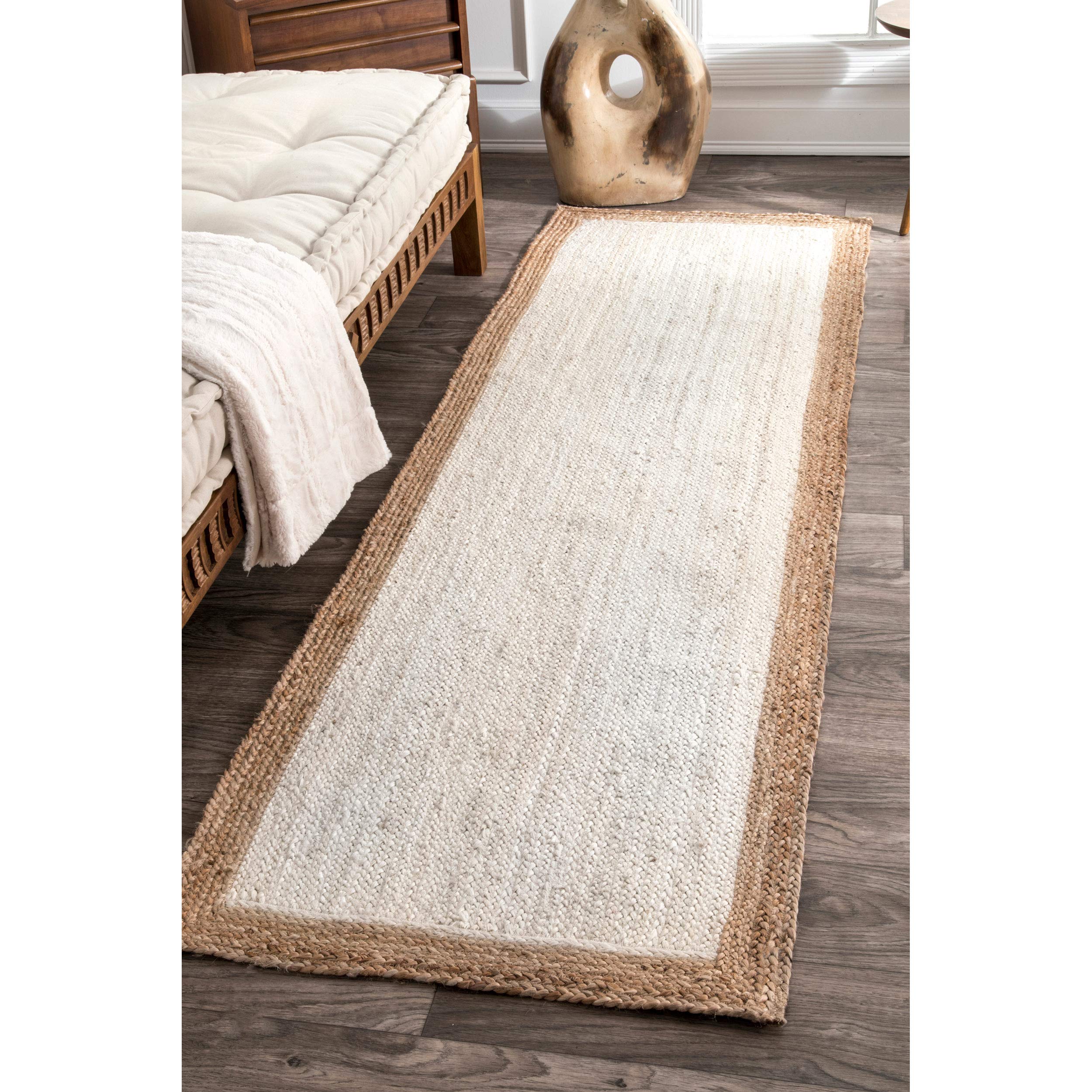 nuLOOM Eleonora Bordered 2x6 Jute Runner Rug for Dining Room Rug Neutral Rug Living Room Rug Entryway Hallway Kitchen, White/Natural