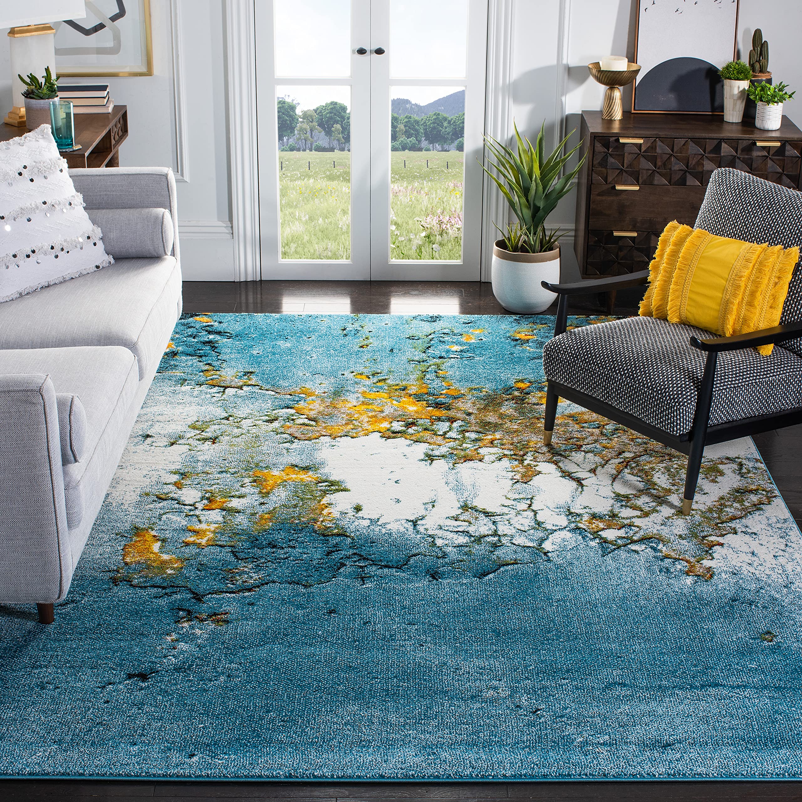 SAFAVIEH Glacier Collection 8' x 10' Blue/Gold GLA125M Modern Abstract Non-Shedding Living Room Bedroom Dining Home Office Area Rug