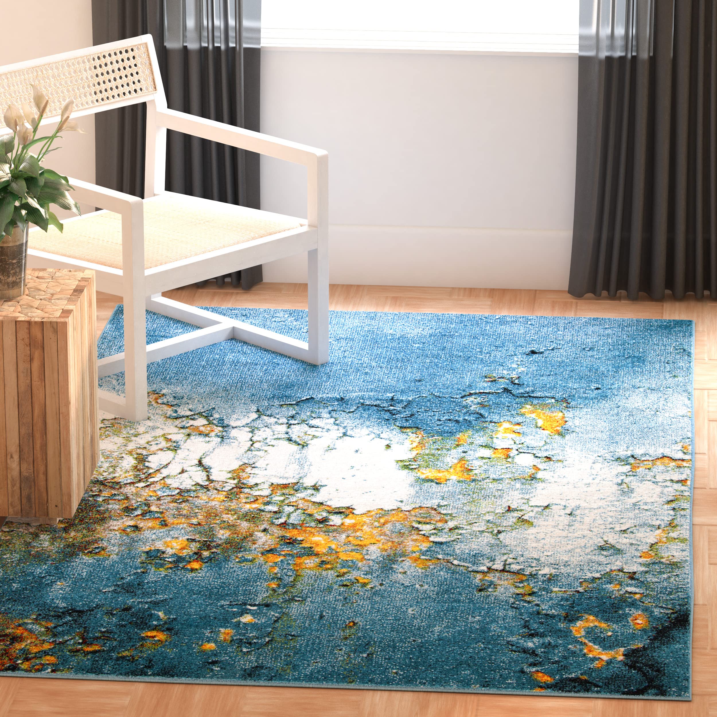 SAFAVIEH Glacier Collection 8' x 10' Blue/Gold GLA125M Modern Abstract Non-Shedding Living Room Bedroom Dining Home Office Area Rug