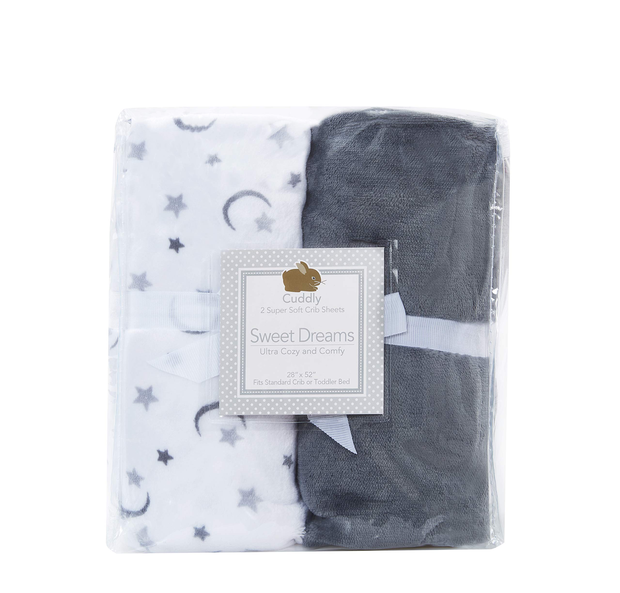 Cozy Fleece Microplush Super Soft Fitted Crib Sheets (Set of 2), Grey/White with Moon & Stars (93CK2FNLFLCP01028x52)