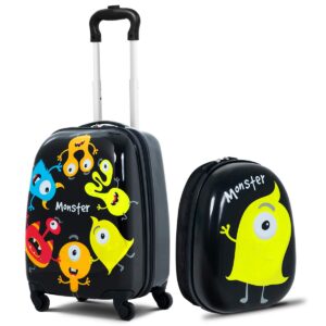 gymax kids carry on luggage set, 12" & 16" 2pcs rolling suitcase (monster)