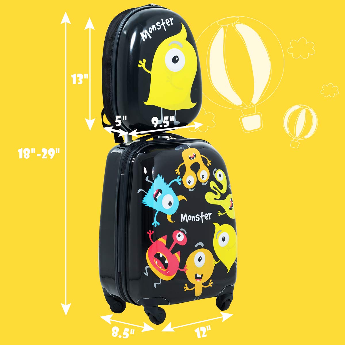 GYMAX Kids Carry On Luggage Set, 12" & 16" 2PCS Rolling Suitcase (Monster)