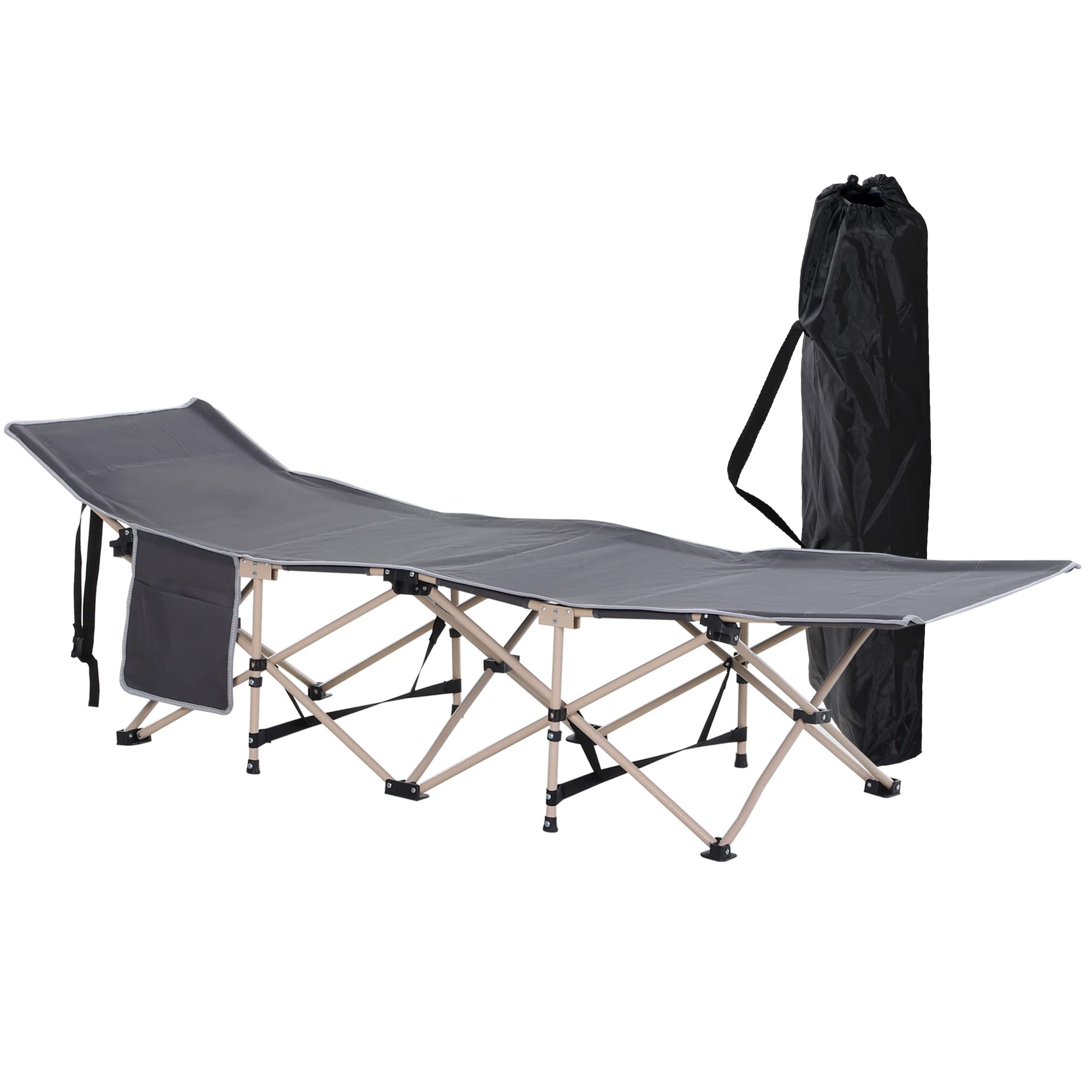 Outsunny Folding Camping Cot for Adults with Carry Bag, Side Pocket, Outdoor Portable Sleeping Bed for Travel, Camp, Vacation, 330 lbs. Capacity, Gray