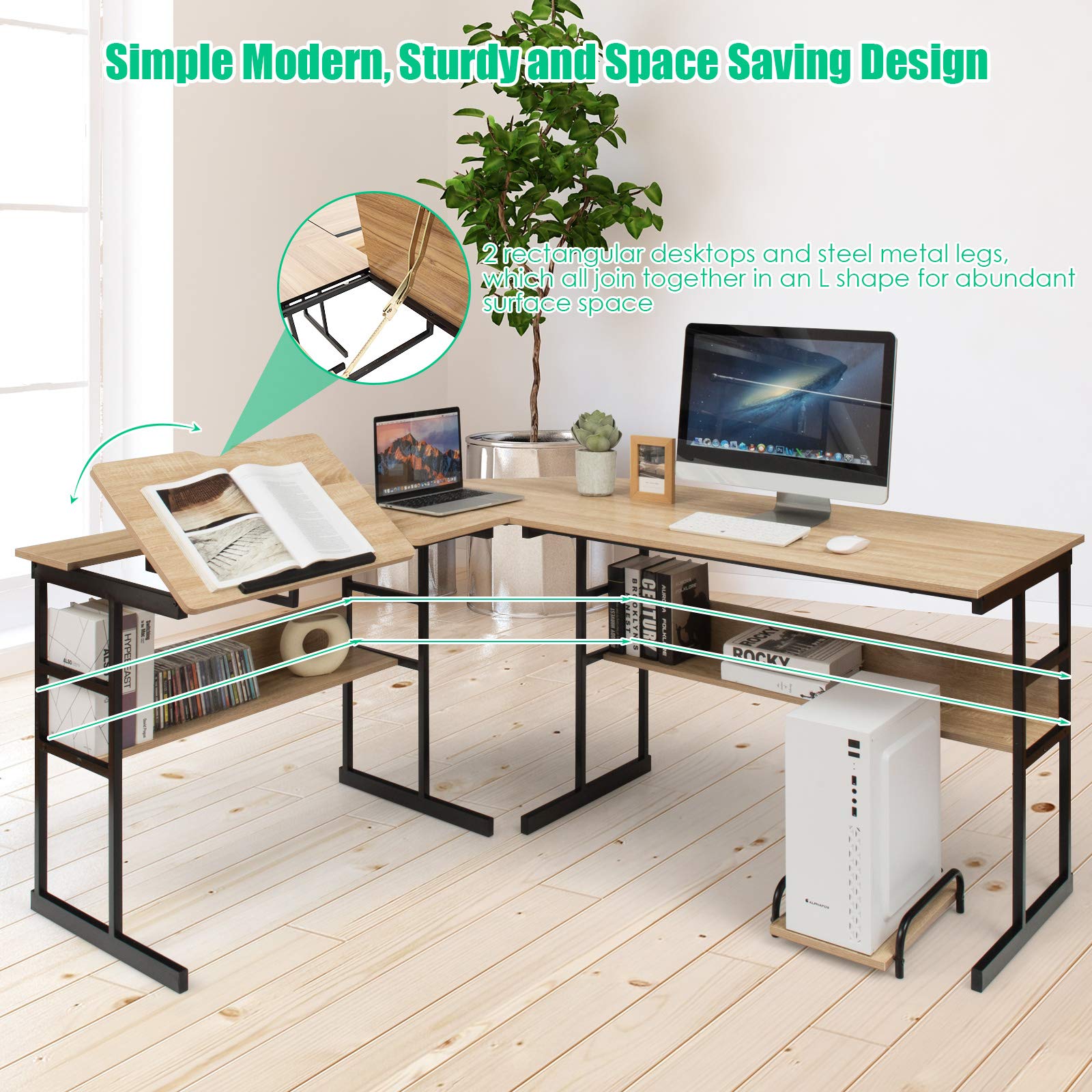 Tangkula 67 Inches L-Shaped Office Desk, Corner Computer Desk with Bottom Bookshelves & CPU Stand, Drafting Drawing Table with Tiltable Desktop, Corner Computer Workstation Home Office Desk