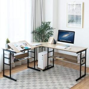 Tangkula 67 Inches L-Shaped Office Desk, Corner Computer Desk with Bottom Bookshelves & CPU Stand, Drafting Drawing Table with Tiltable Desktop, Corner Computer Workstation Home Office Desk