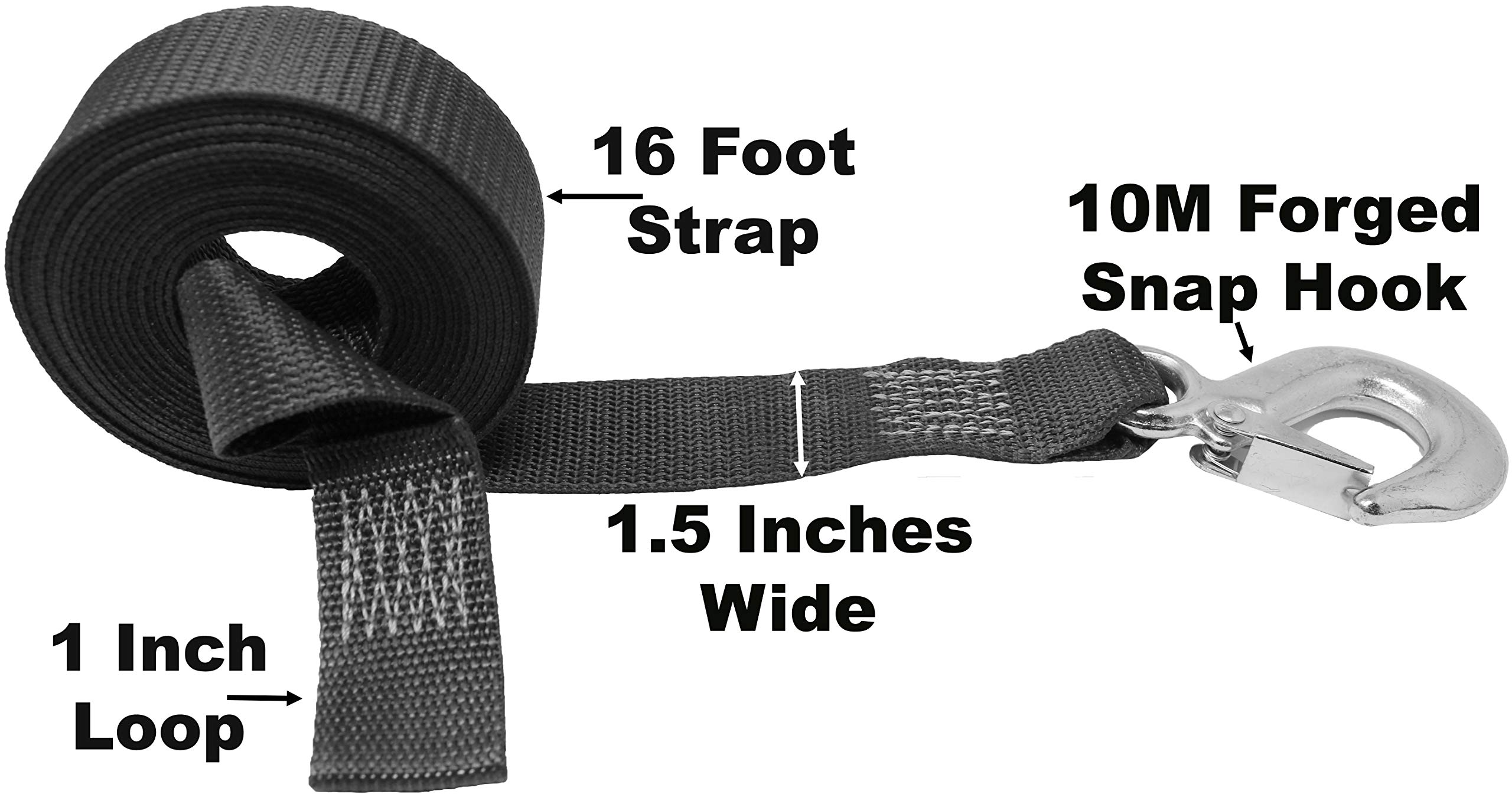 CustomTieDowns 1.5 Inch x 16 Foot Replacement Boat Winch Strap, Boat Hook On One End, 1 Inch Loop Opening On The Opposite End for Attachment to Winch. (Black)