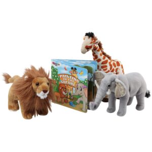 safari animals plush and book set - stuffed animals of 3 savanna animals storybook- 12” set includes lion, giraffe and elephant colorful children book