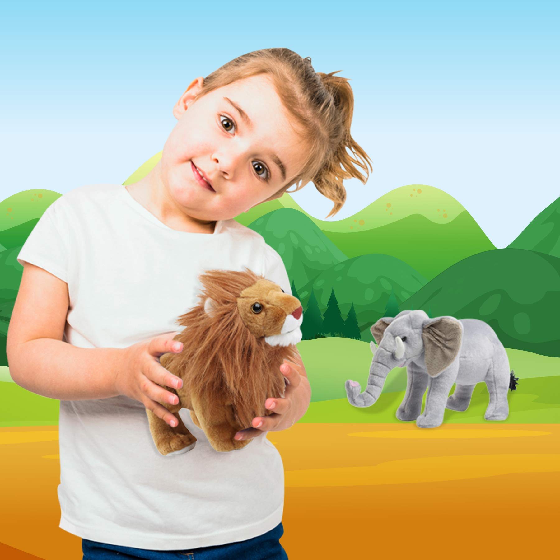 Safari Animals Plush and Book Set - Stuffed Animals of 3 Savanna Animals Storybook- 12” Set Includes Lion, Giraffe and Elephant Colorful Children Book