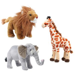 Safari Animals Plush and Book Set - Stuffed Animals of 3 Savanna Animals Storybook- 12” Set Includes Lion, Giraffe and Elephant Colorful Children Book