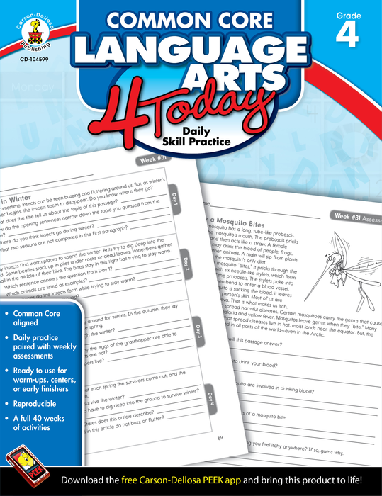 Carson Dellosa | Common Core Language Arts 4 Today Workbook | Grade 4, Printable