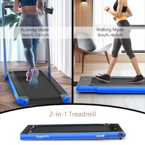 Goplus 2 in 1 Folding Treadmill with Dual Display, 2.25HP Superfit Under Desk Electric Pad Treadmill, Installation-Free, Blue Tooth Speaker, APP Control, Remote Control, Walking Jogging for Home