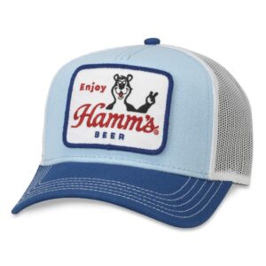 american needle hamm's beer valin adjustable snapback trucker baseball hat, white/light blue/royal (miller-1904b)