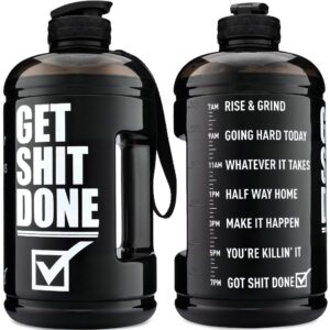 get it done, half gallon water jug with time marker lines, 2.2l, 72oz bpa free large bottle for hydration motivation with straw and shaker spout