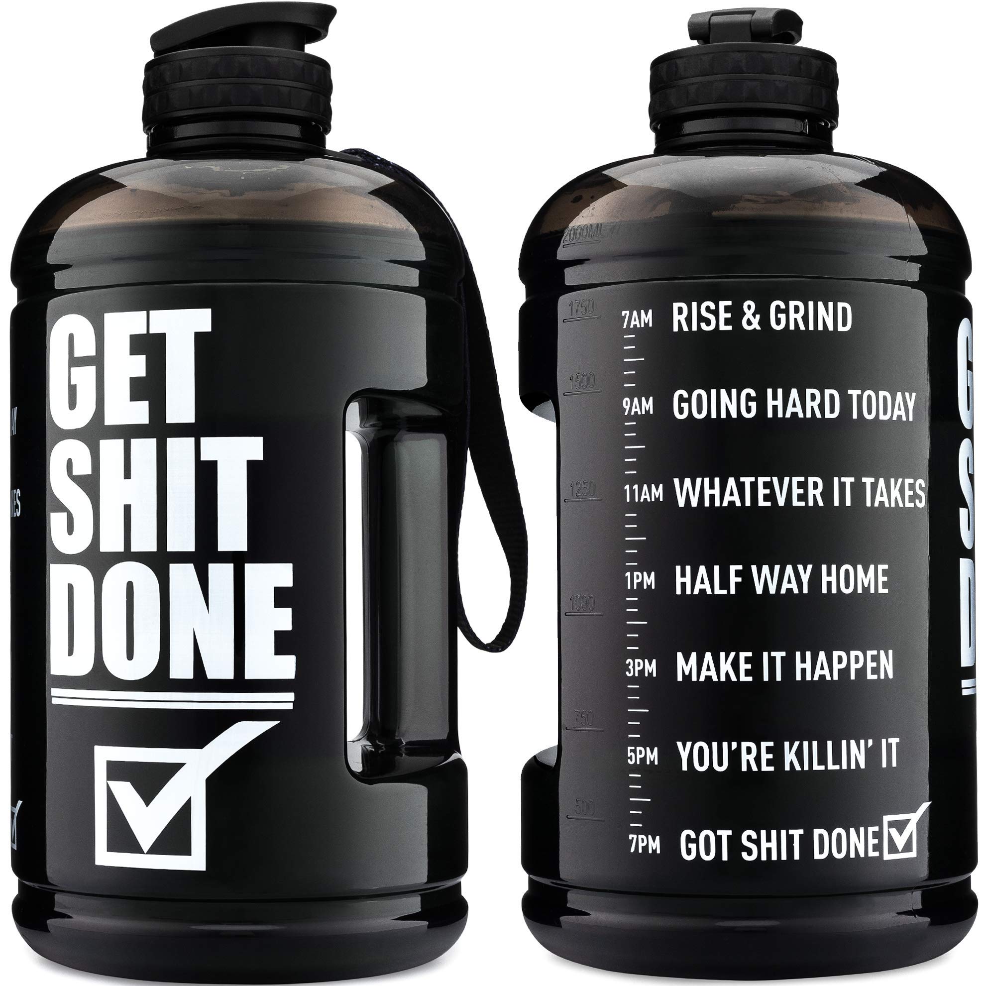 Get It Done, Half Gallon Water Jug with Time Marker Lines, 2.2L, 72oz BPA Free Large Bottle for Hydration Motivation with Straw and Shaker Spout