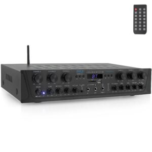 pyle wireless home audio amplifier system-bluetooth compatible sound stereo receiver amp - 6 channel 600watt power, digital lcd, headphone jack, 1/4'' microphone in usb sd aux rca fm radio-pta66bt.5