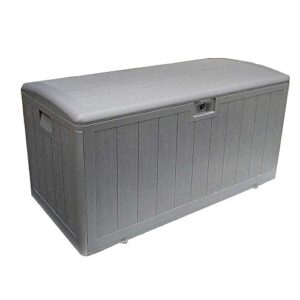 plastic development group 105 gallon weatherproof resin outdoor patio storage deck box with secure lid retainer straps, driftwood gray