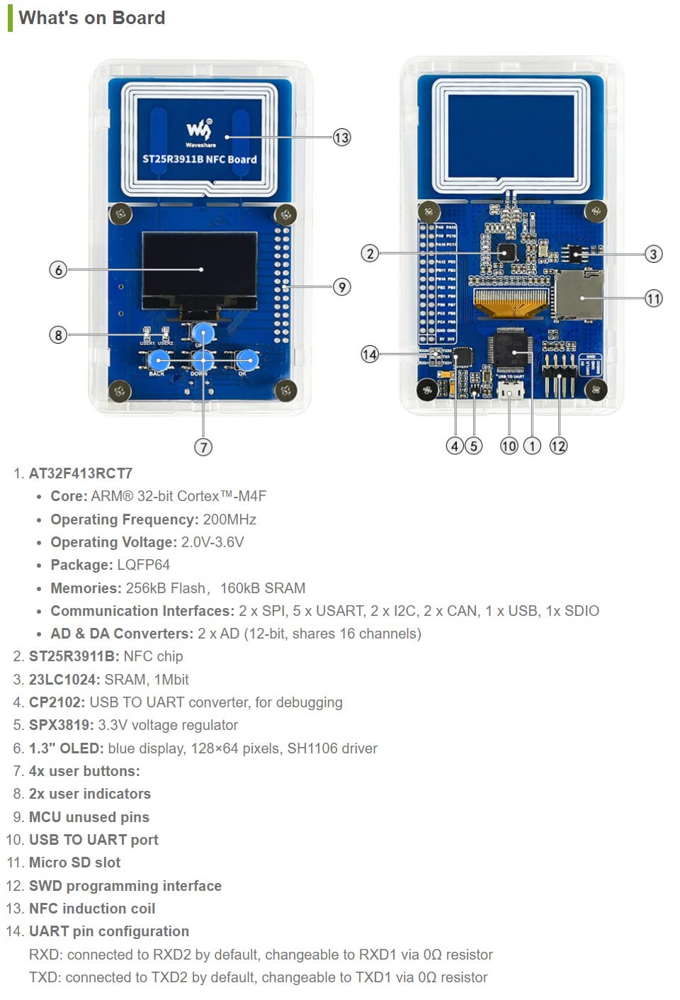 waveshare ST25R3911B NFC Development Kit with AT32F413RCT7 Controller NFC Reader OLED Display Supports Multi NFC Protocols