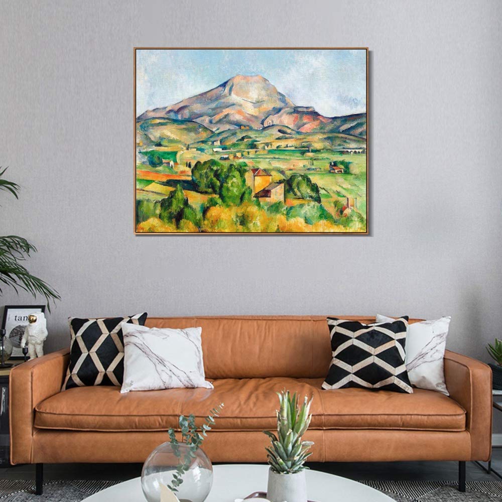 INVIN ART Framed Canvas Giclee Print Art Mont Sainte-Victoire seen from Bellevue by Paul Cezanne Wall Art Living Room Home Office Decorations(Wood Color Slim Frame,32"x40")