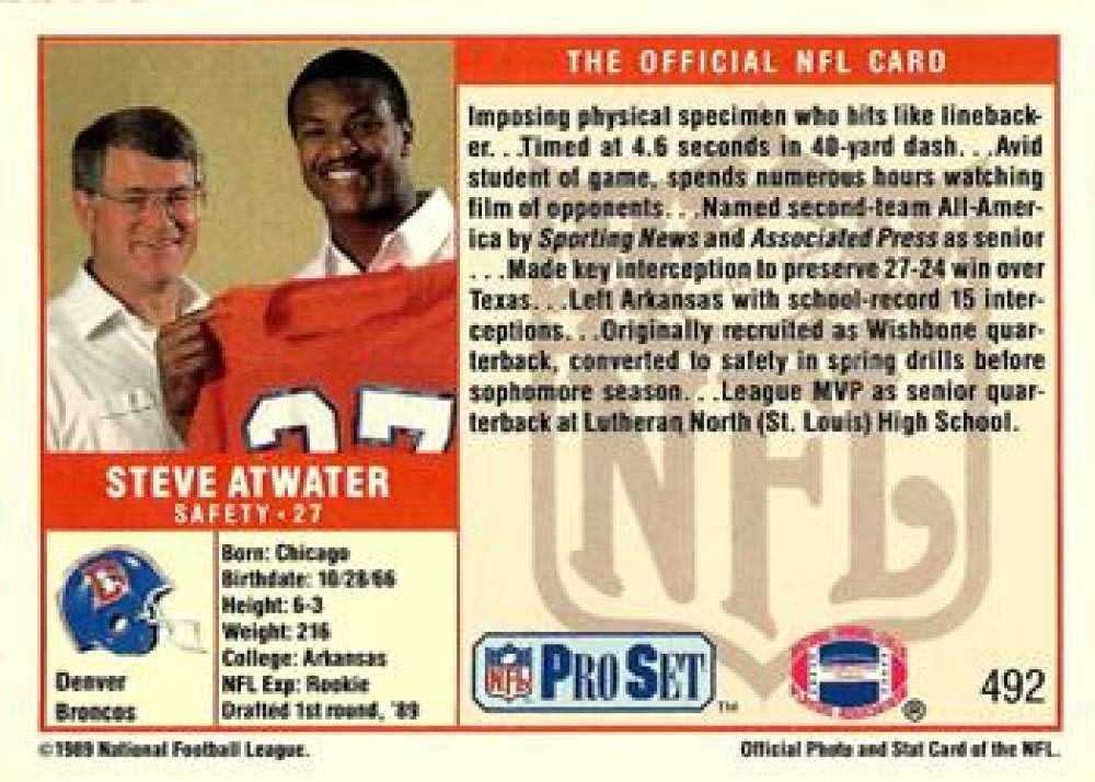 1989 Pro Set Football #492 Steve Atwater RC Rookie Card Denver Broncos The Official Card of the NFL