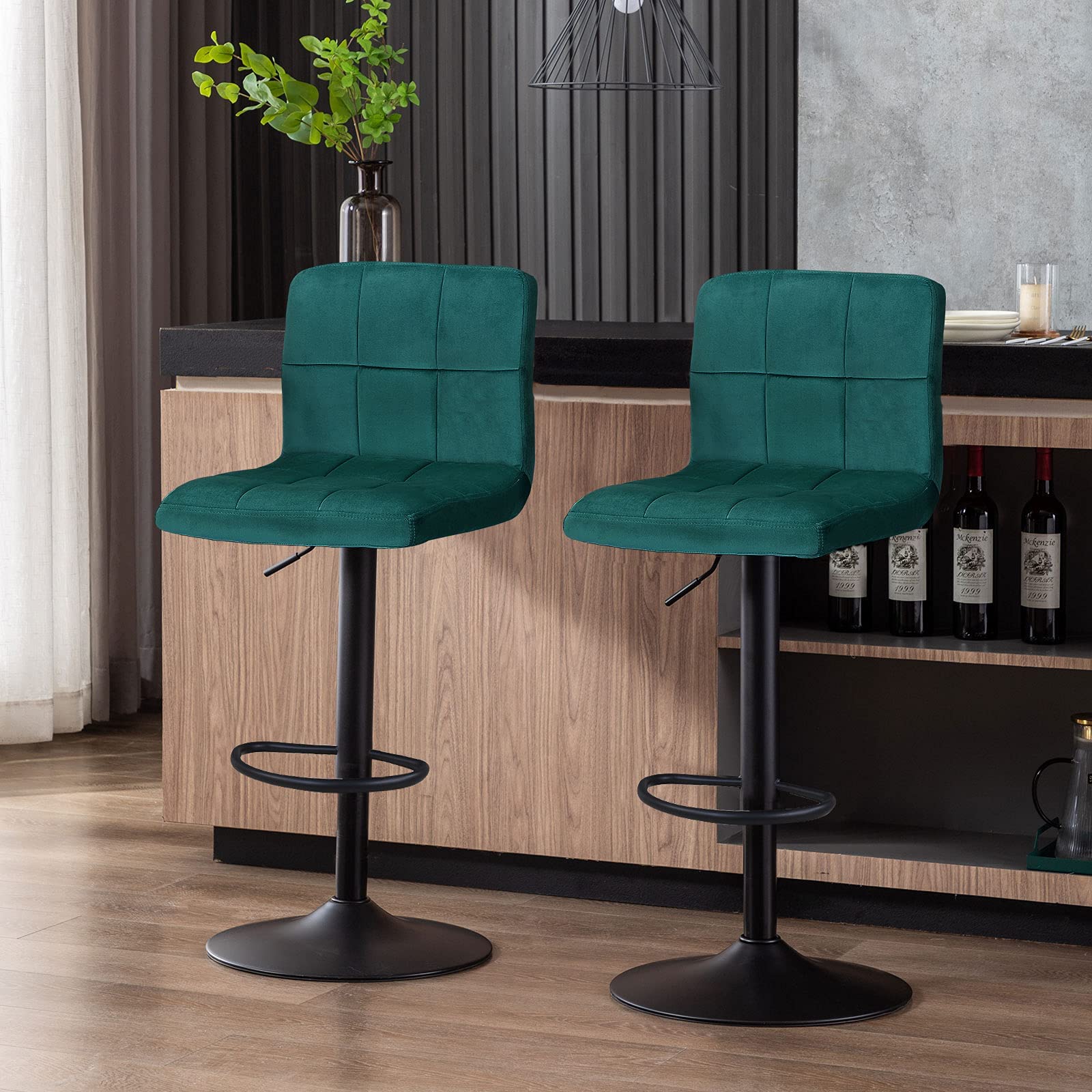 DUHOME Large Size Bar Chairs Set of 2,Adjustable Barstools Seat Made of Velvet Suitable for Restaurants Kitchens Living Rooms Diningroom Entertainment Rooms Offices Cafes Atrovirens