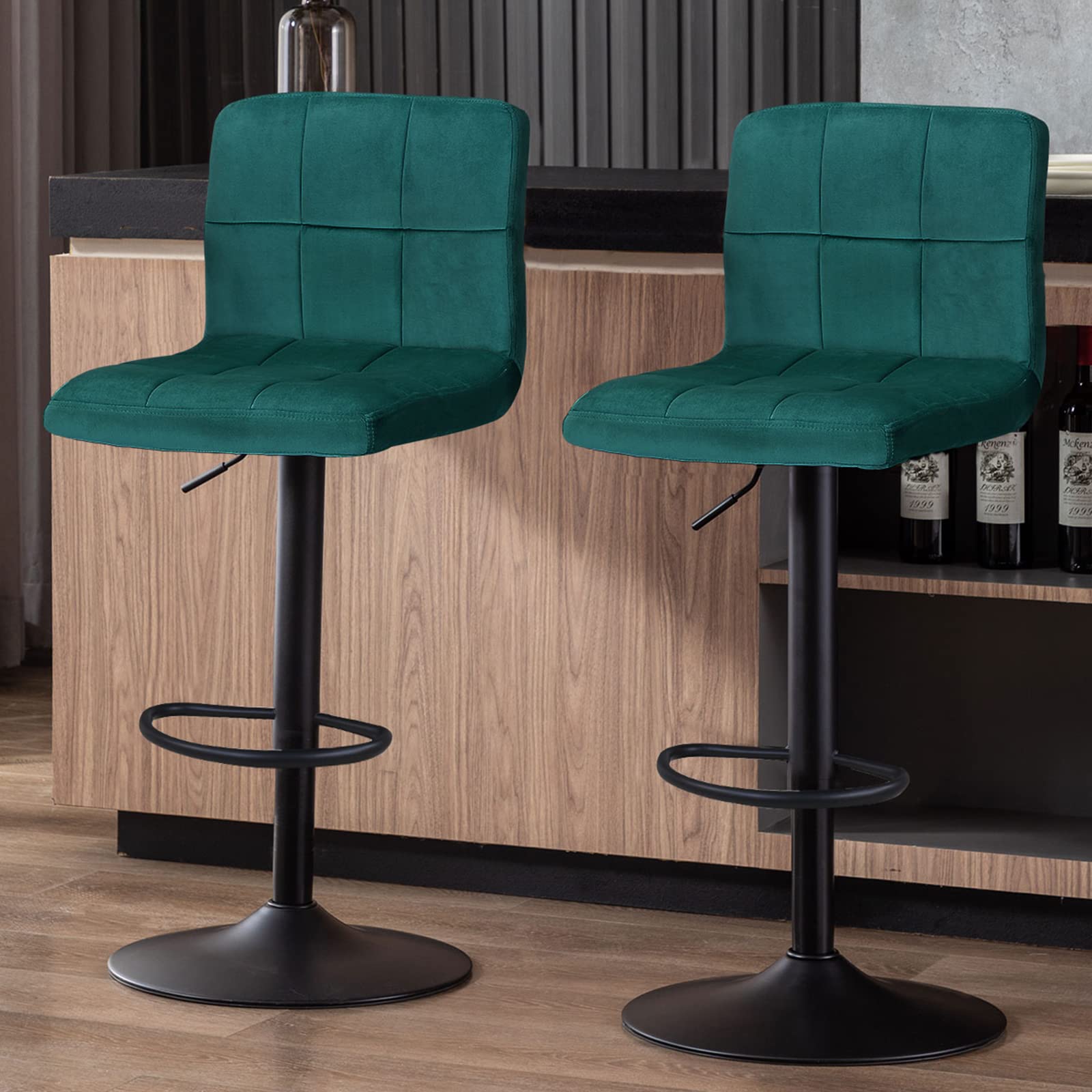 DUHOME Large Size Bar Chairs Set of 2,Adjustable Barstools Seat Made of Velvet Suitable for Restaurants Kitchens Living Rooms Diningroom Entertainment Rooms Offices Cafes Atrovirens