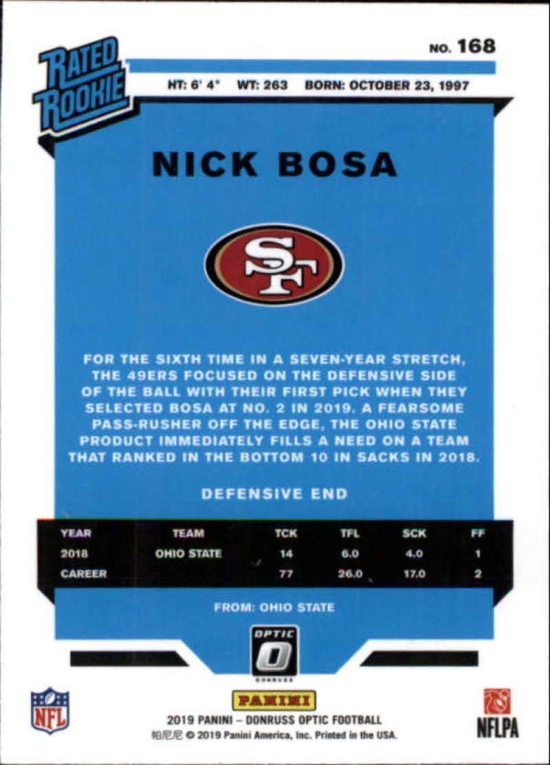 2019 Donruss Optic #168 Nick Bosa RC Rookie San Francisco 49ers NFL Football Trading Card