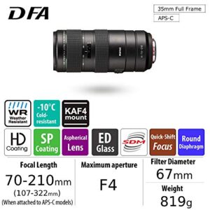 HD PENTAX-D FA 70-210mm F4ED SDM WR: Telephoto zoom lens for DSLR cameras High-performance while maintaing constant f/4 aperture Weather-resistant construction min. focusing distance of 0.95 meters