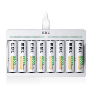 ebl rechargeable aa batteries 2800mah 8 pack and 8-bay aa aaa individual rechargeable battery charger with 5v 2a usb fast charging function