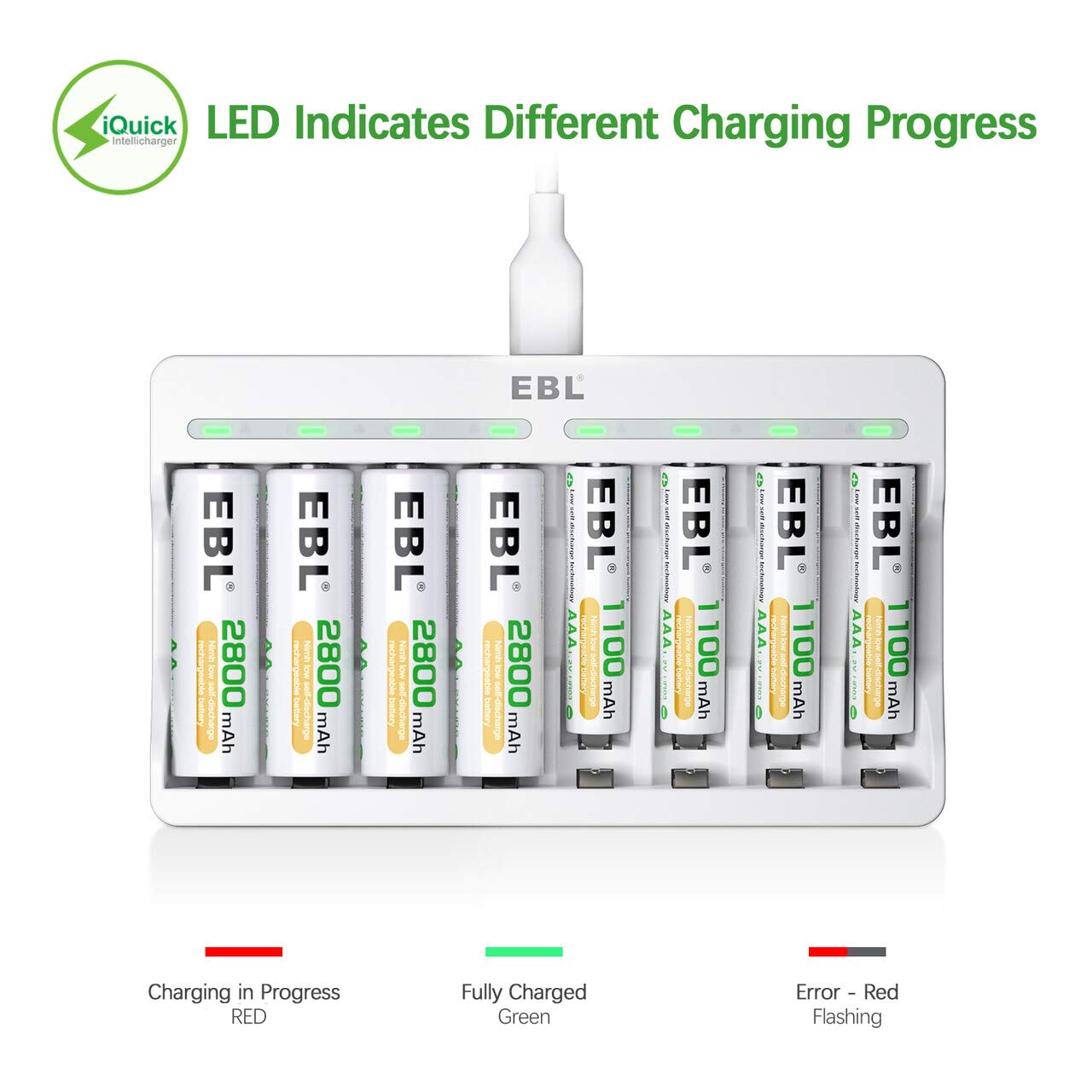 EBL Rechargeable AA Batteries 2800mAh 8 Pack and 8-Bay AA AAA Individual Rechargeable Battery Charger with 5V 2A USB Fast Charging Function