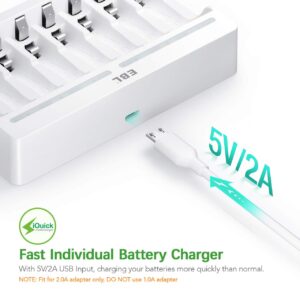 EBL Rechargeable AA Batteries 2800mAh 8 Pack and 8-Bay AA AAA Individual Rechargeable Battery Charger with 5V 2A USB Fast Charging Function