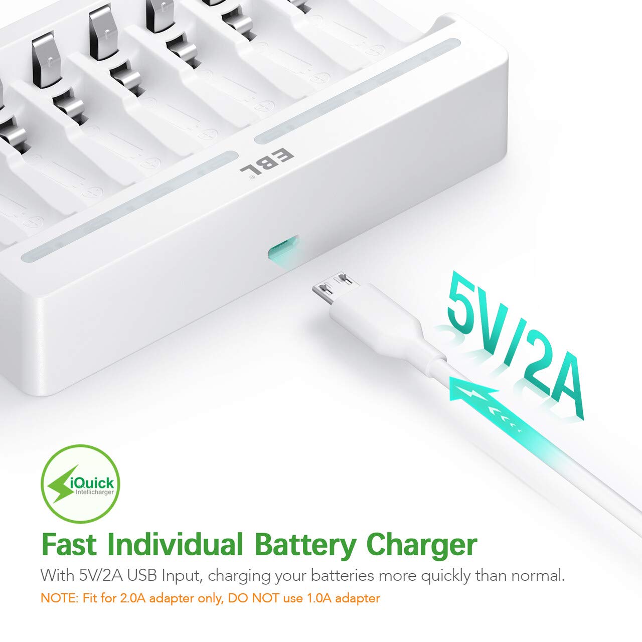 EBL Rechargeable AA Batteries 2800mAh 8 Pack and 8-Bay AA AAA Individual Rechargeable Battery Charger with 5V 2A USB Fast Charging Function