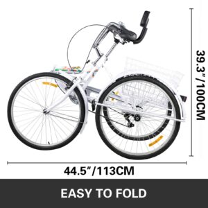 Bkisy Tricycle Adult 24’’ 7-Speed 3 Wheel Bikes for Adults Three Wheel Bike for Adults Adult Trike Adult Folding Tricycle Foldable Adult Tricycle 3 Wheel Bike Trike for Adults (White)