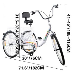 Bkisy Tricycle Adult 24’’ 7-Speed 3 Wheel Bikes for Adults Three Wheel Bike for Adults Adult Trike Adult Folding Tricycle Foldable Adult Tricycle 3 Wheel Bike Trike for Adults (White)