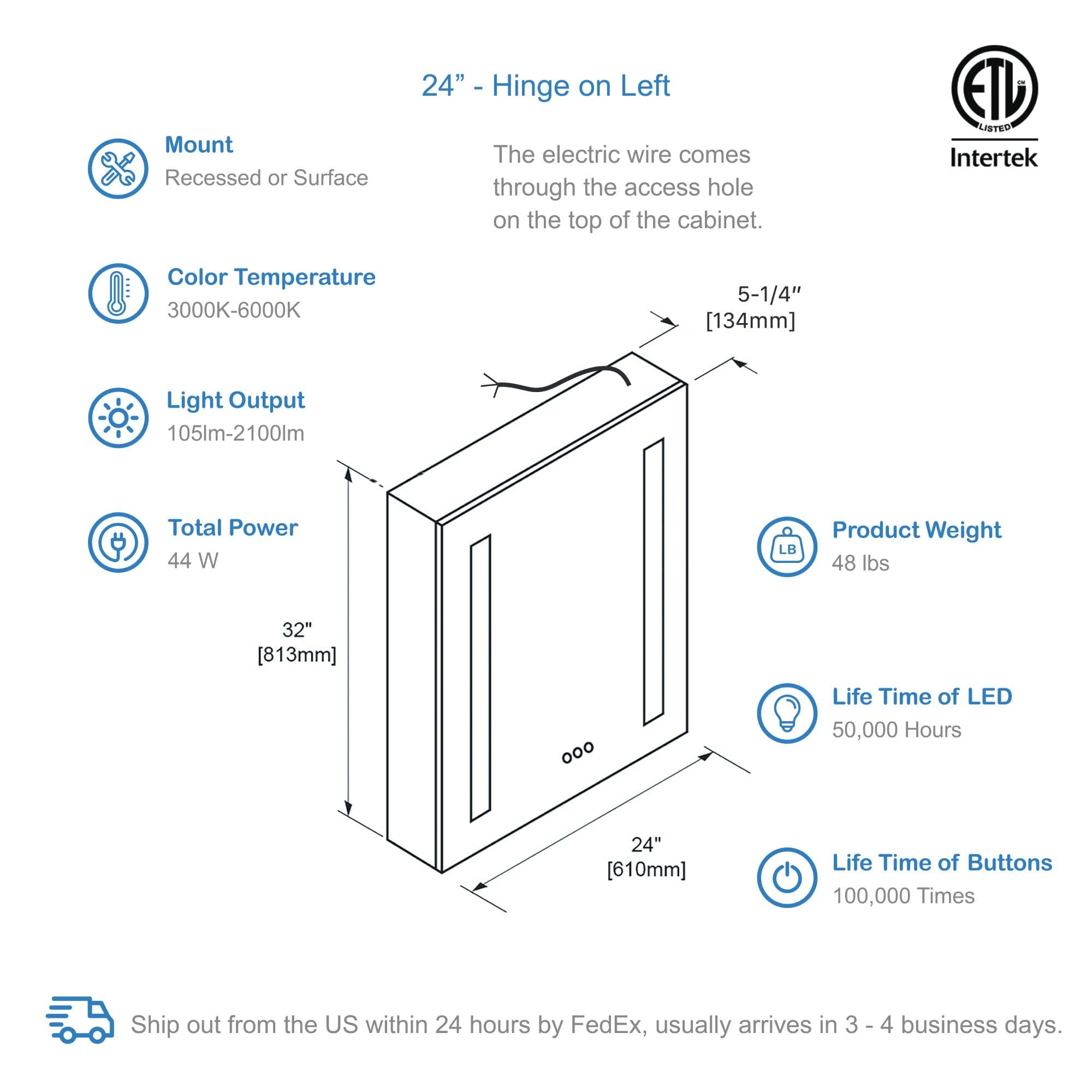 Blossom Recessed or Surface 24 Inch LED Mirror Medicine Cabinet with Lights, LED Medicine Cabinet with Defogger, Dimmer, Outlets & USB Ports (24x32/Left Hinge)