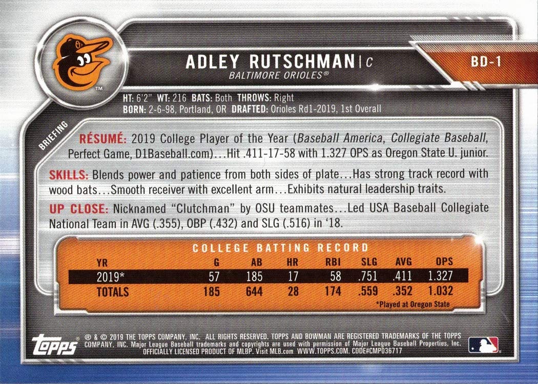 2019 Bowman Draft Picks Baseball #BD-1 Adley Rutschman Pre-Rookie Card - 1st Bowman Card