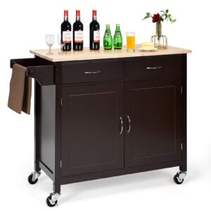 goflame portable kitchen island cart with storage and drawers, rolling storage cabinet trolley cart with lockable wheels, home and restaurant serving utility cart with wood top and towel rack (brown)