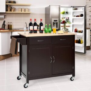 GOFLAME Portable Kitchen Island Cart with Storage and Drawers, Rolling Storage Cabinet Trolley Cart with Lockable Wheels, Home and Restaurant Serving Utility Cart with Wood Top and Towel Rack (Brown)