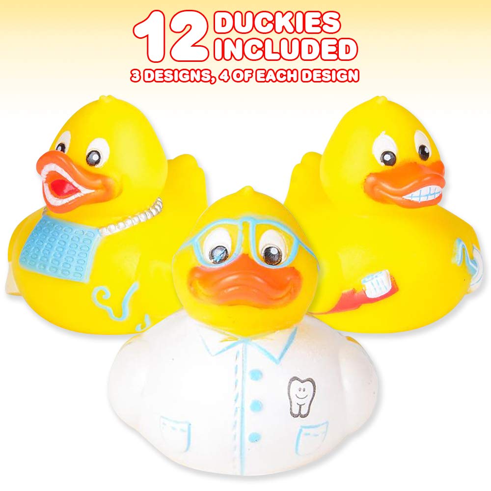 ArtCreativity 2 Inch Dental Rubber Duckies, Pack of 12, Cute Duck Bath Tub Pool Toys in Assorted Styles, Fun Decorations, Carnival Supplies, Party Favor, Dental Treasure Toys