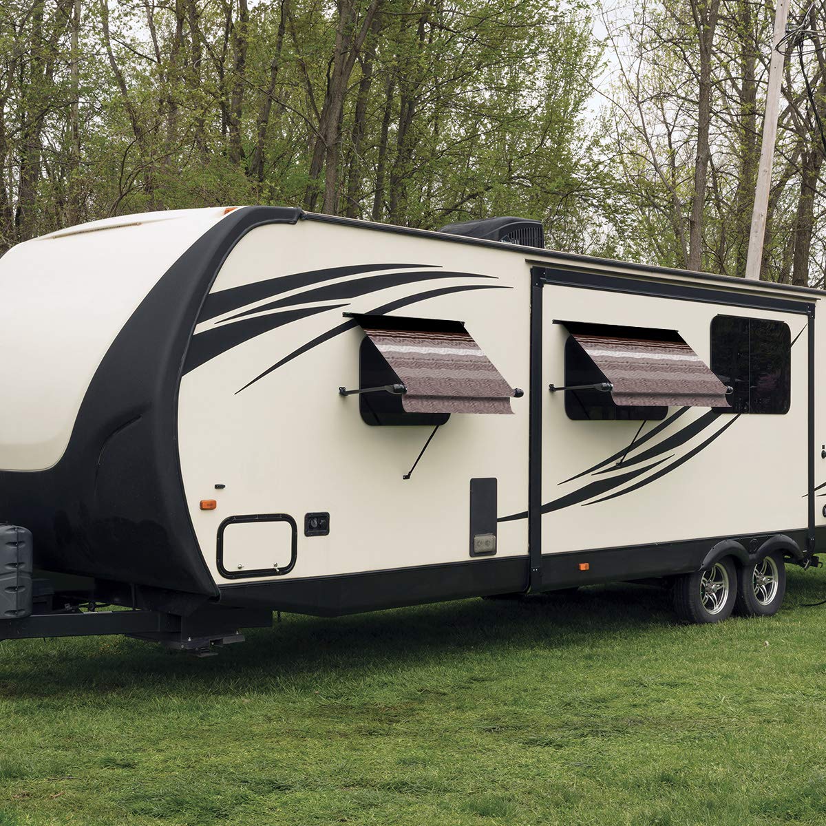 CAREFREE IF0508A62/ICJV01 Sierra Brown Dune Stripe 5' RV SL Standard Vinyl Window Awning, Black Arms-Choose Options