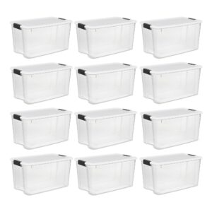 sterilite 70 qt ultra latch box, stackable storage bin with lid, plastic container with heavy duty latches to organize, clear and white lid, 12-pack