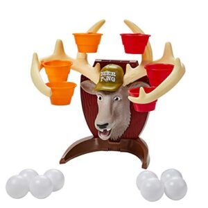 deer pong game, features talking deer head and music, includes 6 party cups and 8 balls, fun family game for ages 8 and up