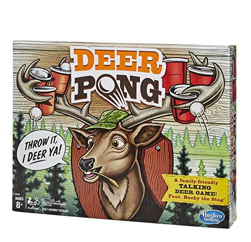 Deer Pong Game, Features Talking Deer Head and Music, Includes 6 Party Cups and 8 Balls, Fun Family Game for Ages 8 and Up