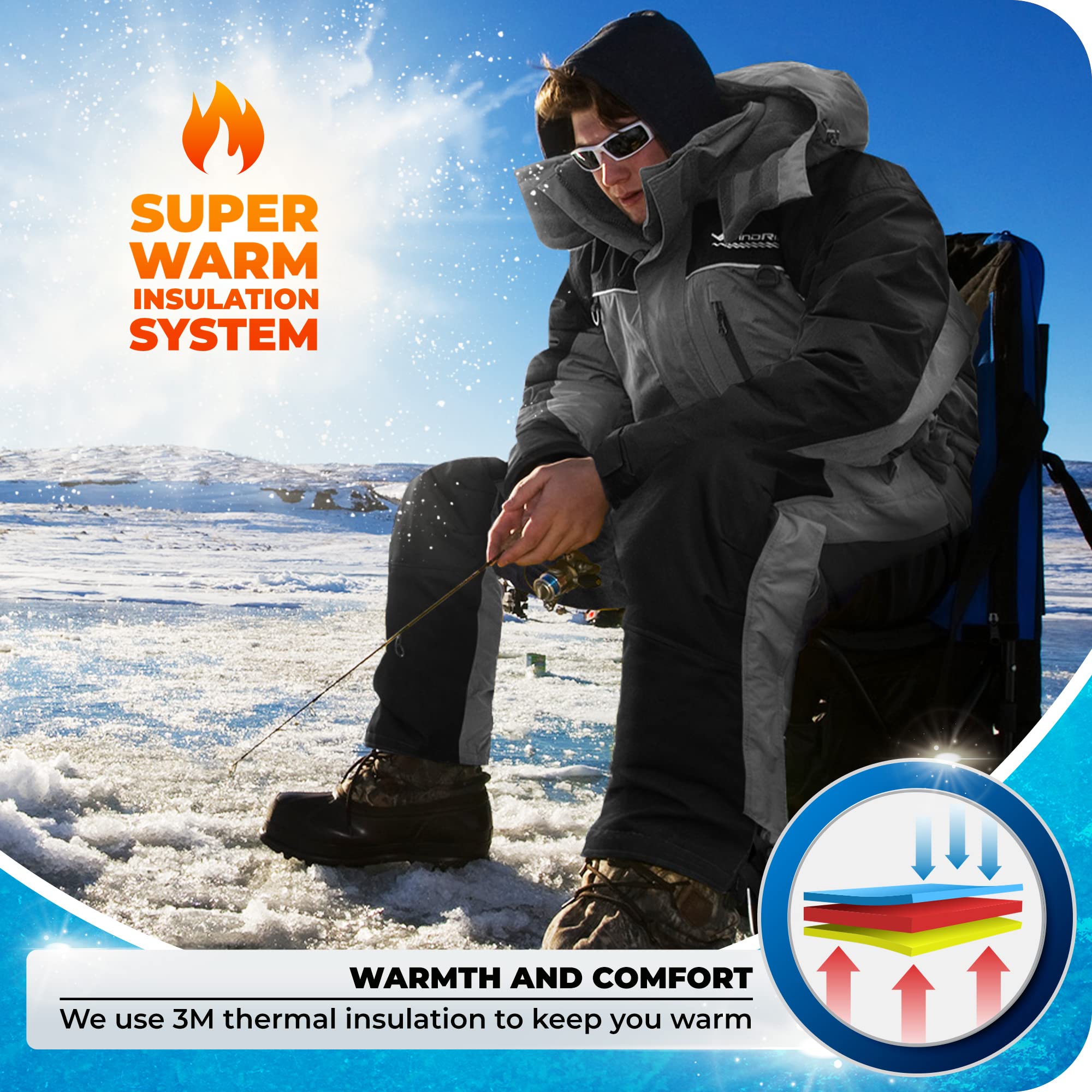 WindRider Ice Fishing Suit | Insulated Bibs and Jacket | Flotation | Tons of Pockets | Adjustable Inseam | Reflective Piping | Waterproof Gear for Ice Fishing and Snowmobiling (Small)