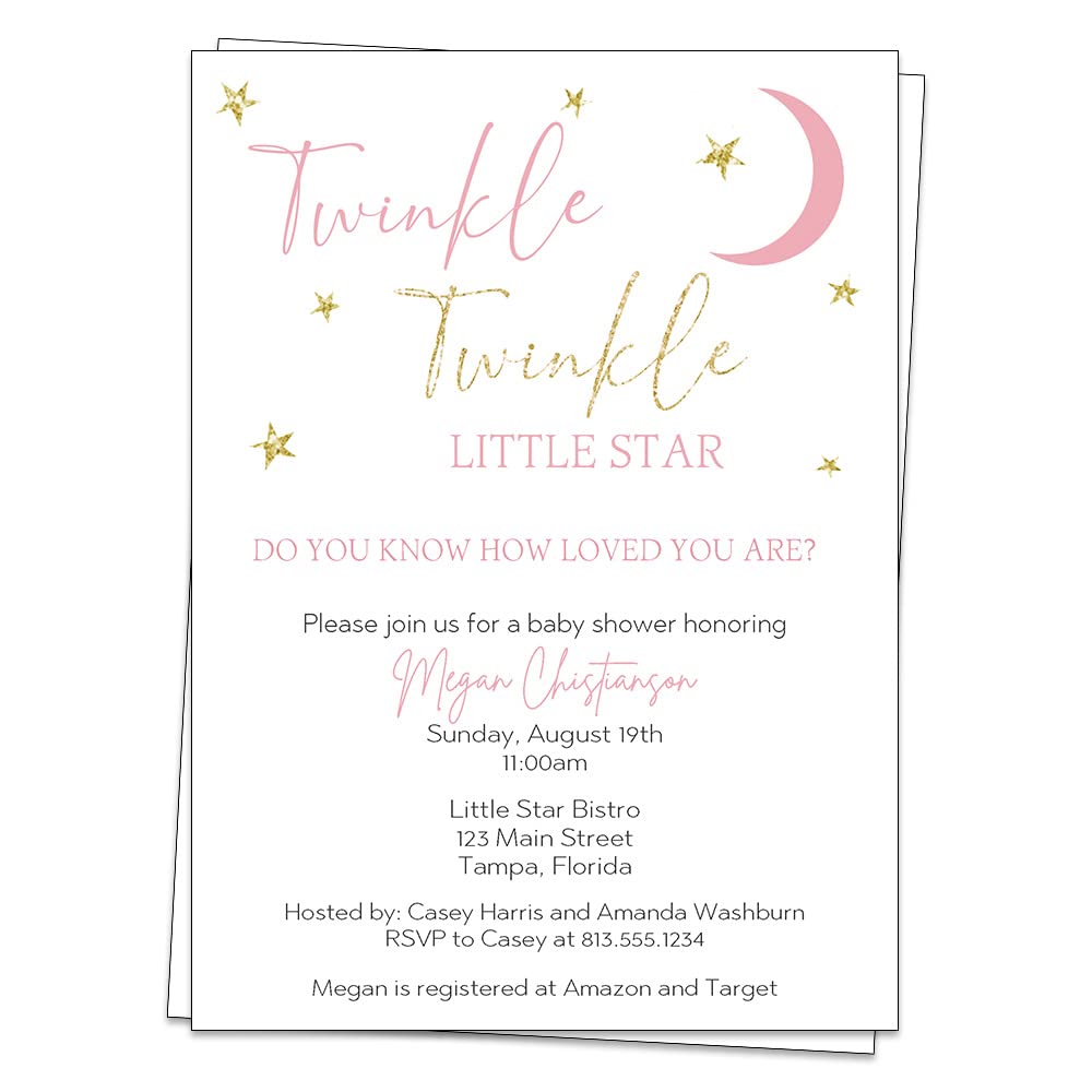 Twinkle Little Star Baby Shower Invitation Over the Moon Invites Pink Gold Girls Glitter Custom Customize Personalize Printed Cards (12 Count)