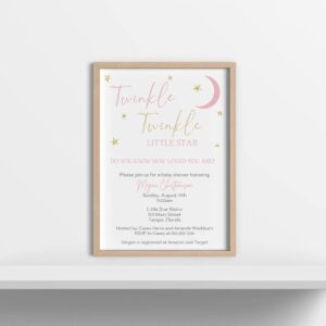 Twinkle Little Star Baby Shower Invitation Over the Moon Invites Pink Gold Girls Glitter Custom Customize Personalize Printed Cards (12 Count)