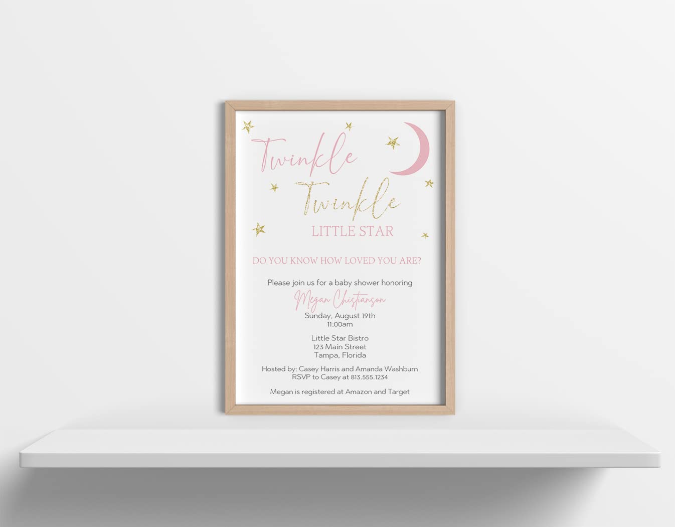 Twinkle Little Star Baby Shower Invitation Over the Moon Invites Pink Gold Girls Glitter Custom Customize Personalize Printed Cards (12 Count)