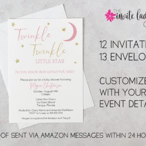 Twinkle Little Star Baby Shower Invitation Over the Moon Invites Pink Gold Girls Glitter Custom Customize Personalize Printed Cards (12 Count)