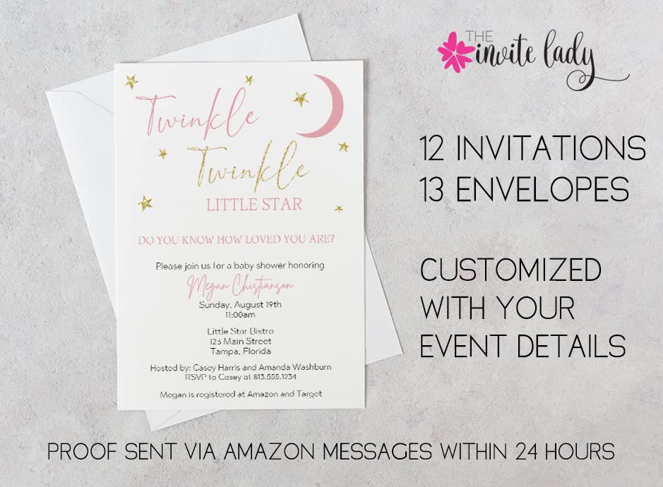 Twinkle Little Star Baby Shower Invitation Over the Moon Invites Pink Gold Girls Glitter Custom Customize Personalize Printed Cards (12 Count)